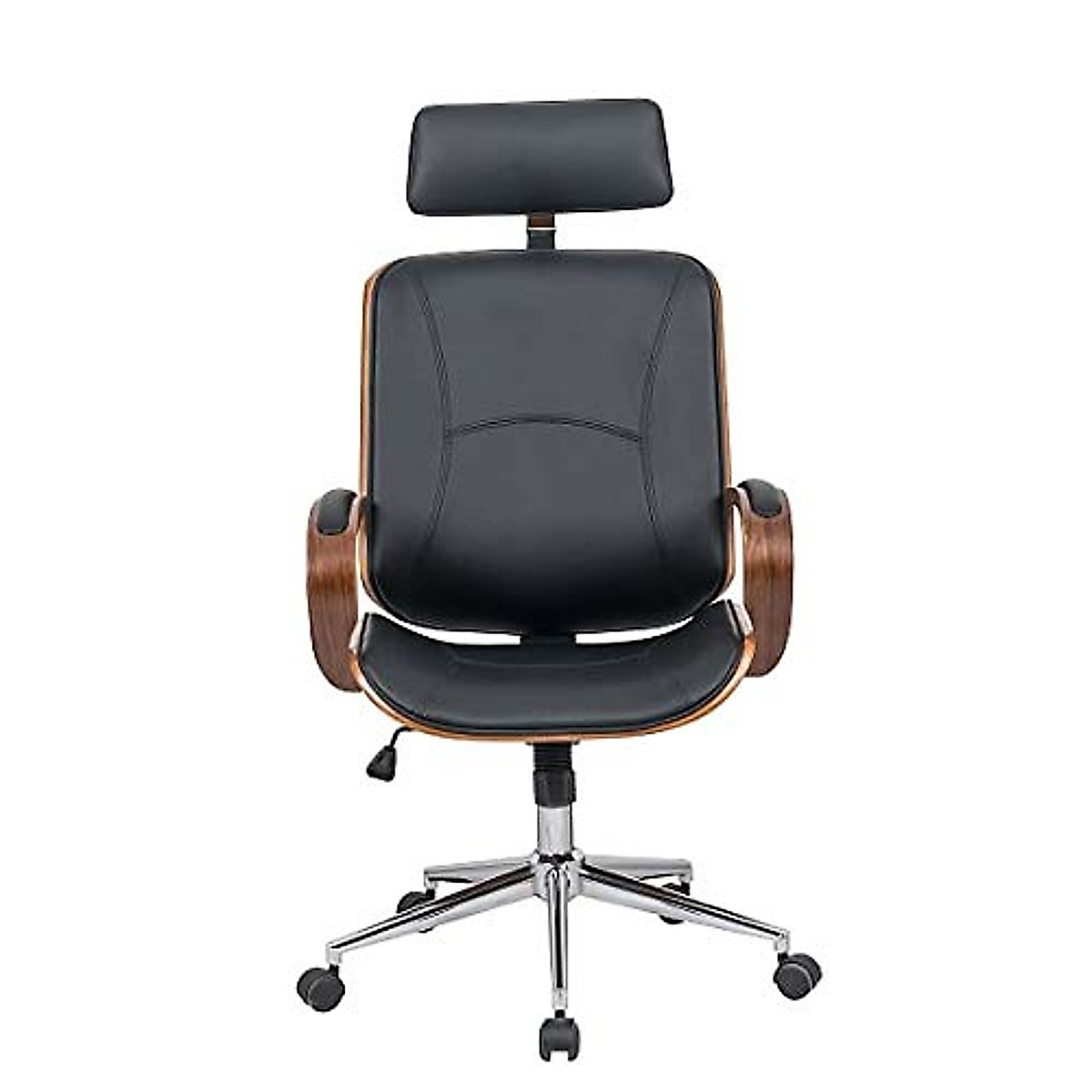 IDS Home Modern High Back Walnut Wood Office Chair with PU Leather Curved Ergonomic Bentwood Seat Swivel, Executive Wheels, Headrest Lumbar Support, Height Adjustment - Black