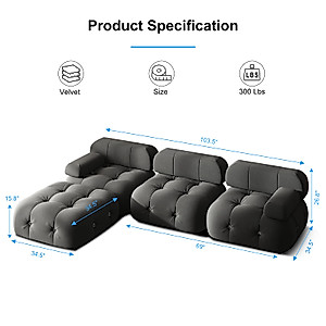 PUREMIND Bubble Couch 103 Inches,Funky Velvet Bubble Sofa Convertible Modular Sectional Couch, Modern L Shaped 3 Seater Bubble Sofa,DIY Cool Cloud Couches for Living Room Bedroom Apartment (Dark Grey)