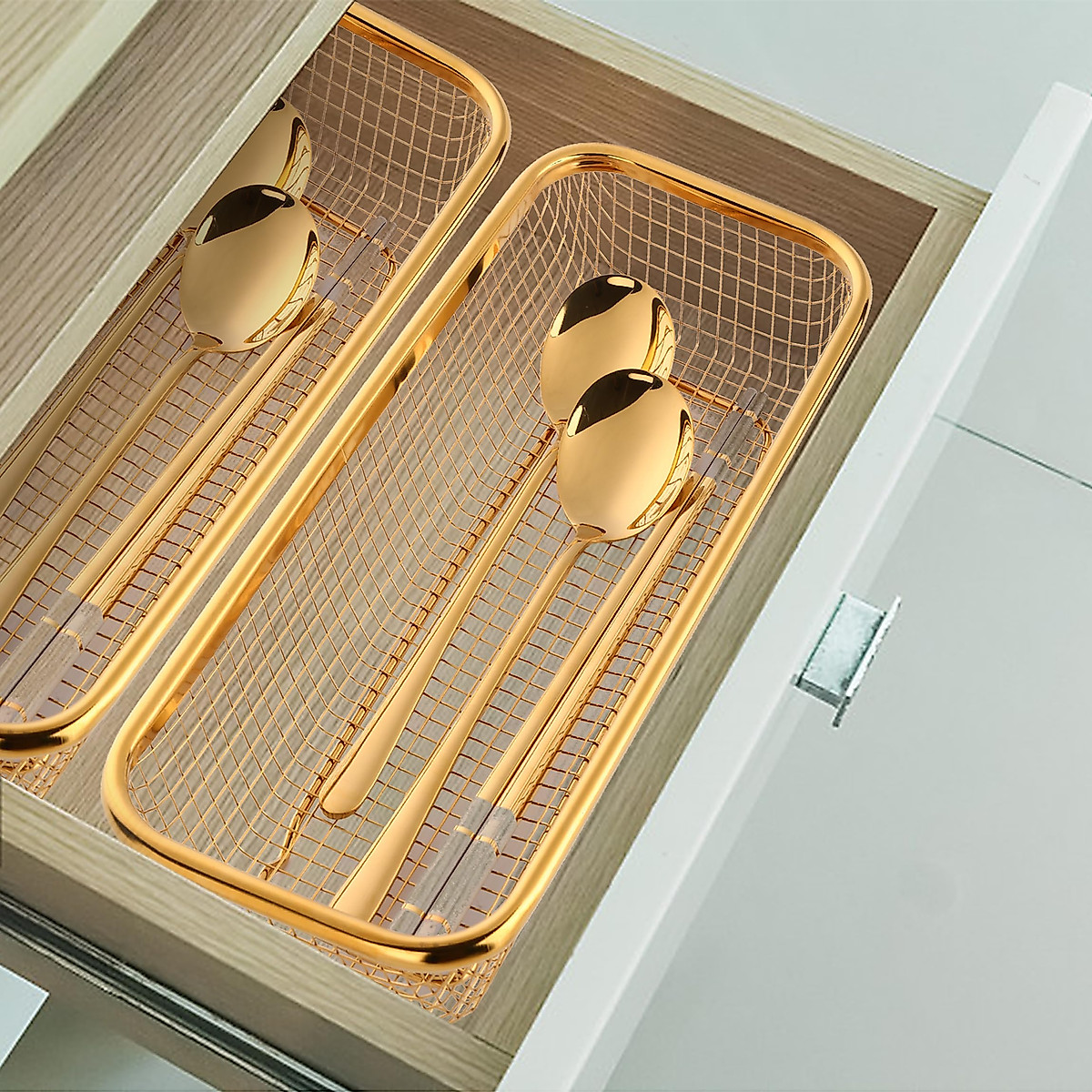 BYEGOU Gold Kitchen Drawer Organizer, Stackable Mesh Storage Baskets, Stainless Steel Silverware Organizer for Holding Knife Fork Spoon, 12.5"x5"x2.5", Pack of 2