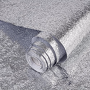 Kitchen Backsplash Stickers, 196.85x15.75 Inch Kitchen Wallpaper Stickers Self Adhesive Kitchen Aluminum Foil Stickers Oil Proof Waterproof (Silver Orange Peel Texture)