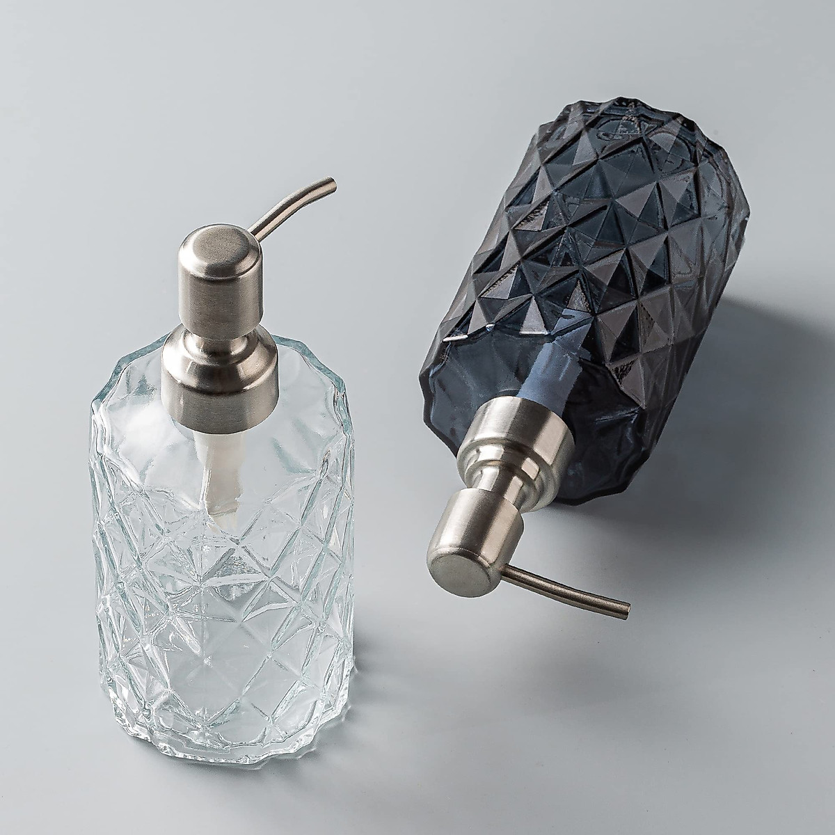 Easy Tang Clear Glass Hand Soap Dispenser Bathroom Kitchen 12 Oz Refillable Liquid Crystal Design Bottle with Silver Pump (Pink)