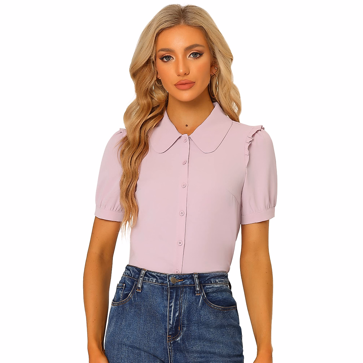 Allegra K Work Collared Top for Women's Peter Pan Collar Short Sleeve Button Front Shirt X-Small Pink