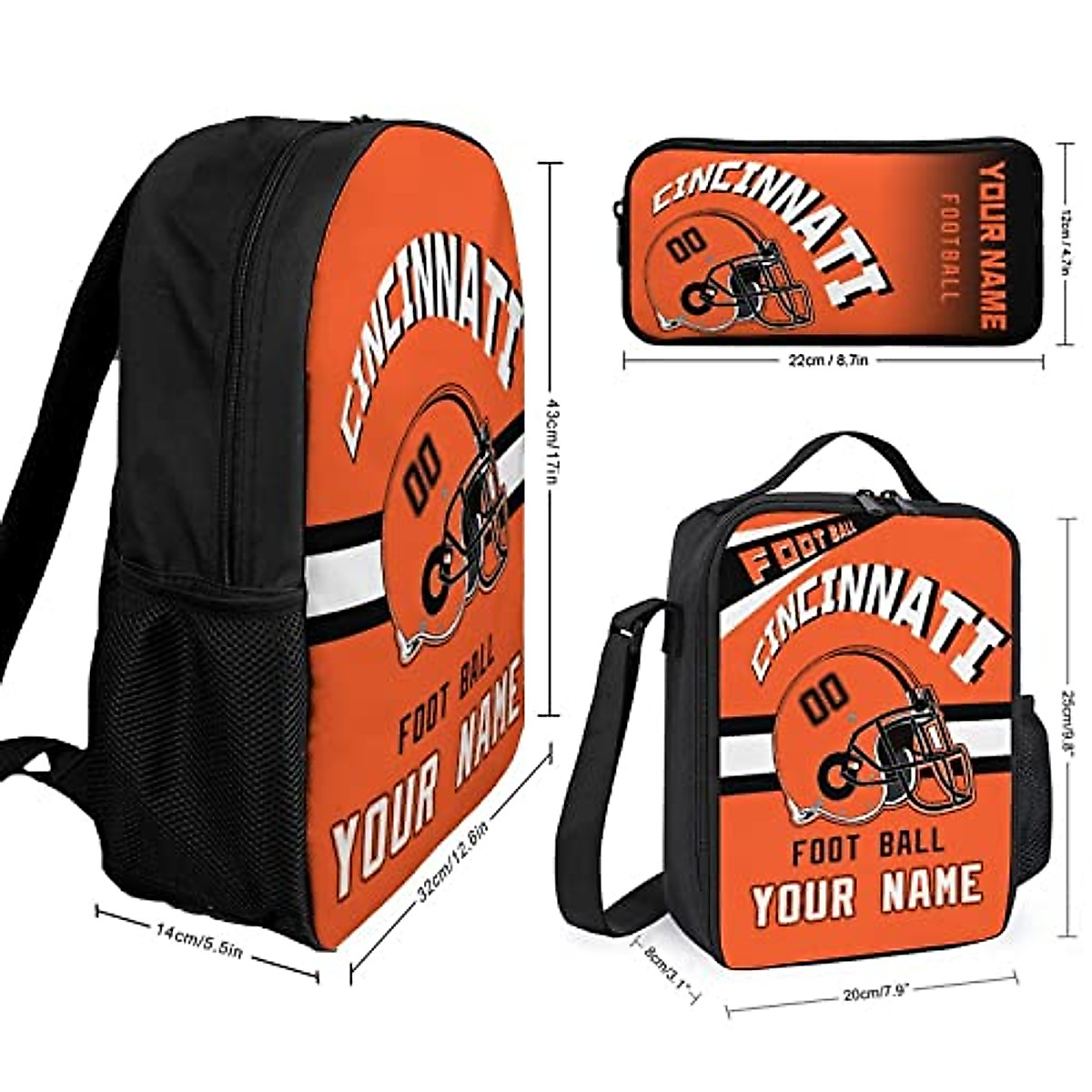 Jwpibuk Personalize Backpack with Lunch Box Pen Case Cincinnati Customized Name Number Bags 3 Piece Set for Girls Boys
