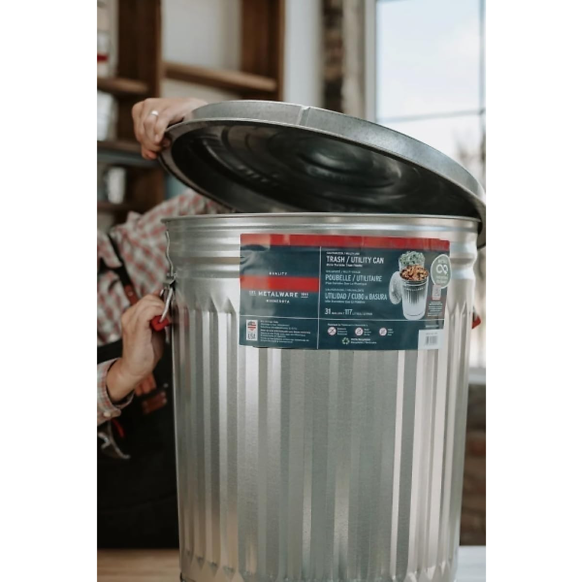 Generic 31 Gallon Galvanized Steel Round Metal Household Trash Can with Lid, Grey