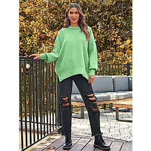 LILLUSORY Women's Oversized Batwing Sweaters 2024 Fall Outfits Crewneck Ribbed Knit Side Slit Trendy Pullover Tops LightGreen L