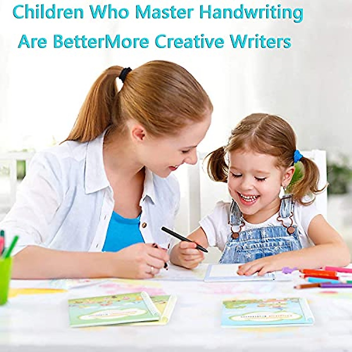 Monking 4Pc Large Magic Practice Copybook for Kids,Handwriting Practice Book 4 Pack with Pen Refill English Cursive Calligraphy Reusable Age 3-8 ，11.4x8.3Inch (4pc+2 pen)