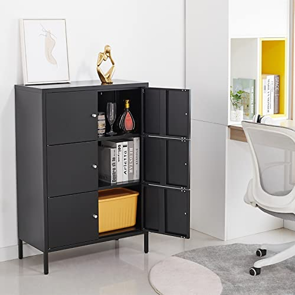 FURSTEL Metal Storage Locker, 41.3" H Steel Storage Cabinet, Adjustable Feet Cabinets Organizer, 3 Tier Shelves Metal Lockers for Home Office, Kids Room, Bedroom