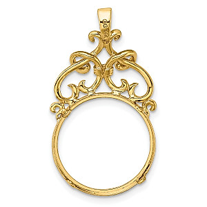 Wideband Distinguished Coin Jewelry 14ky Polished Fancy Filigree Top Prong 16.5mm Coin Bezel Pendant