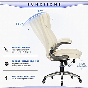 COLAMY Executive Office Chair-Ergonomic Computer Chair High Back with Flip-up Arms, Adjustable Height and Tilt Lock, Thicken Seat Cushion Soft Leather Swivel Work Chair-Ivory