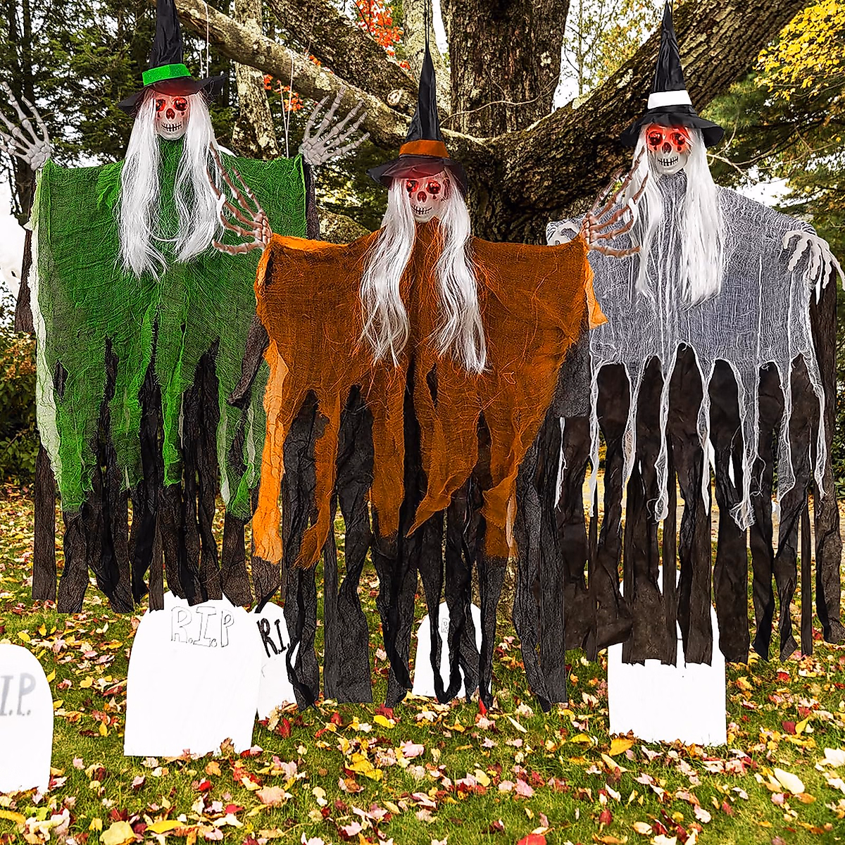 Halloween Hanging Decorations Outdoor - 3 Pack 41" Halloween Hanging Ghost Skeleton with Wizard Hat with Glowing Eyes for Halloween Porch Yard Garden Tree Outside Decorations