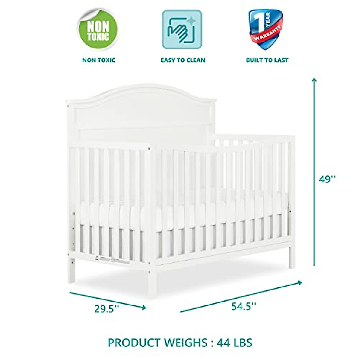 Dream On Me JPMA & Greenguard Gold Certified Grace 5 in 1 Convertible Crib Made with Sustainable New Zealand Pinewood in White, Non-Toxic Finish