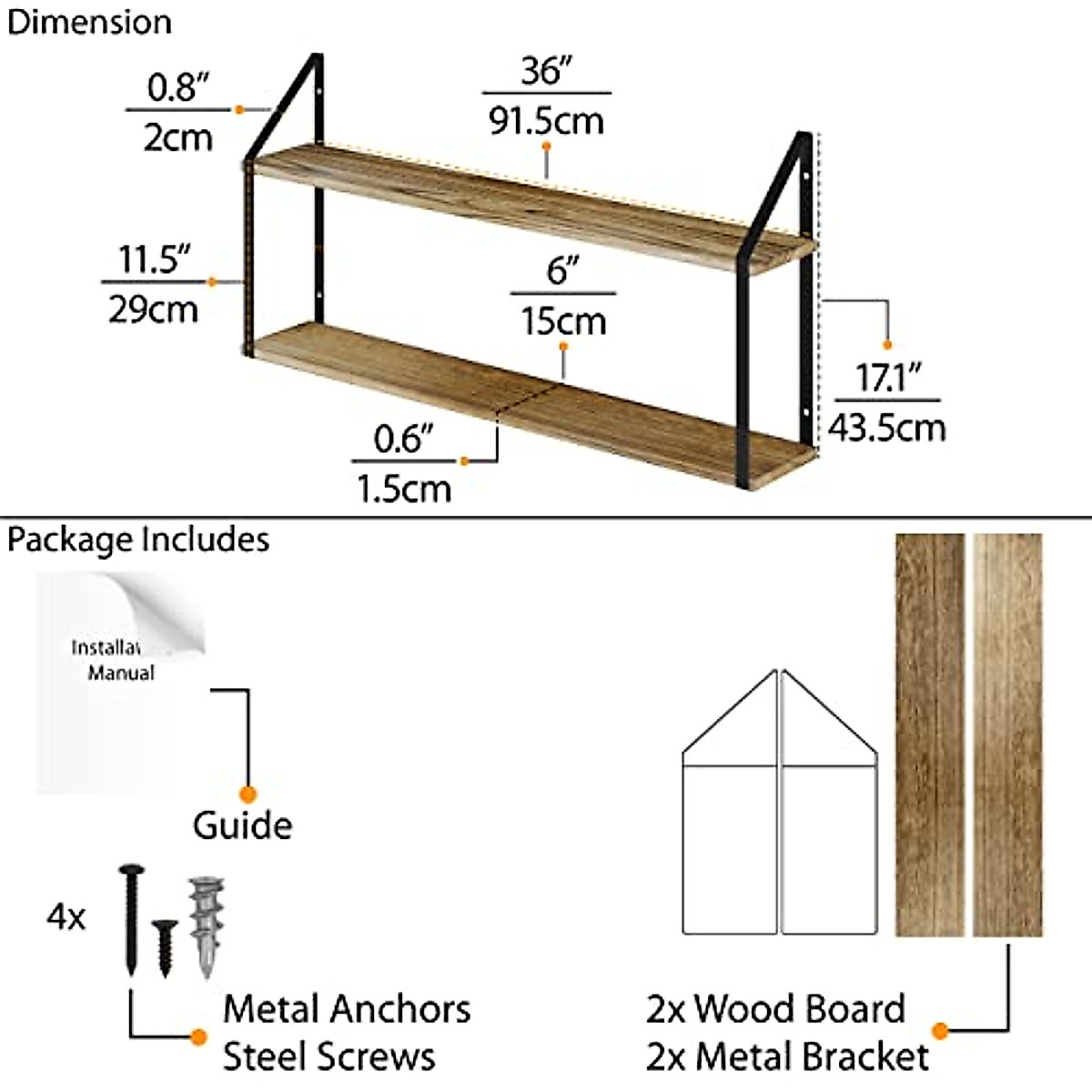 Wallniture Modena 2-Tier 36" Floating Shelves Living Room Decor Shelves for Wall Storage Laundry & Kitchen Organization Office Decor Burnt Finish