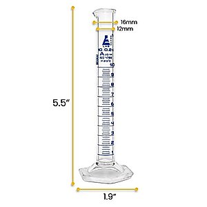 EISCO Graduated Cylinder, 10ml - Class A Tolerance ±0.10ml - Hexagonal Base - Blue Graduations - Borosilicate 3.3 Glass