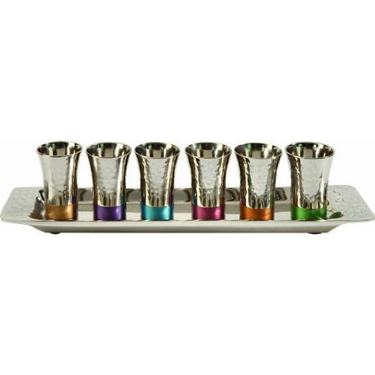 Yair Emanuel - Kiddush Cup Goblet Set of 6 Small Kiddush Cups and Tray Nickel Hammerwork Multicolor (GA-2)