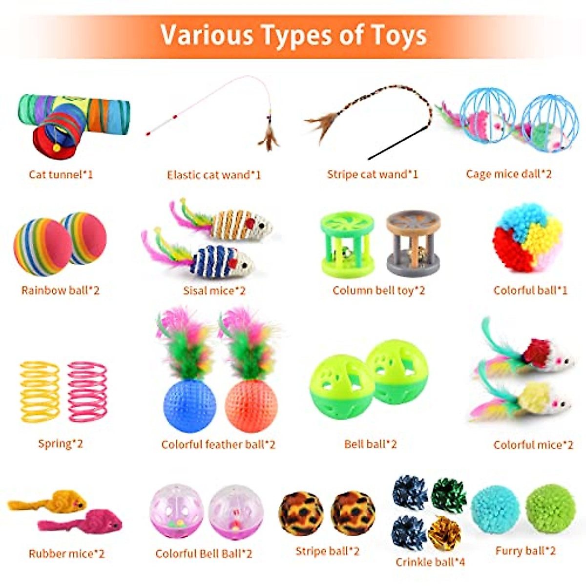 Oziral Cat Toys Set 32 PCS Kitten Toys Assortments Including 3 Way Tunnel Cat Feather Teaser Wand Sisal Mice Bell Balls Crinkle Balls Interactive Cat Toys for Indoor Cats Kitten