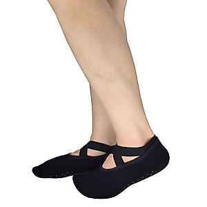 Toes&Feet Women's 2-Pack Black Padded Anti-Slip Grips Yoga Pilates Ballet Barre PiYo Socks, Size 4-9