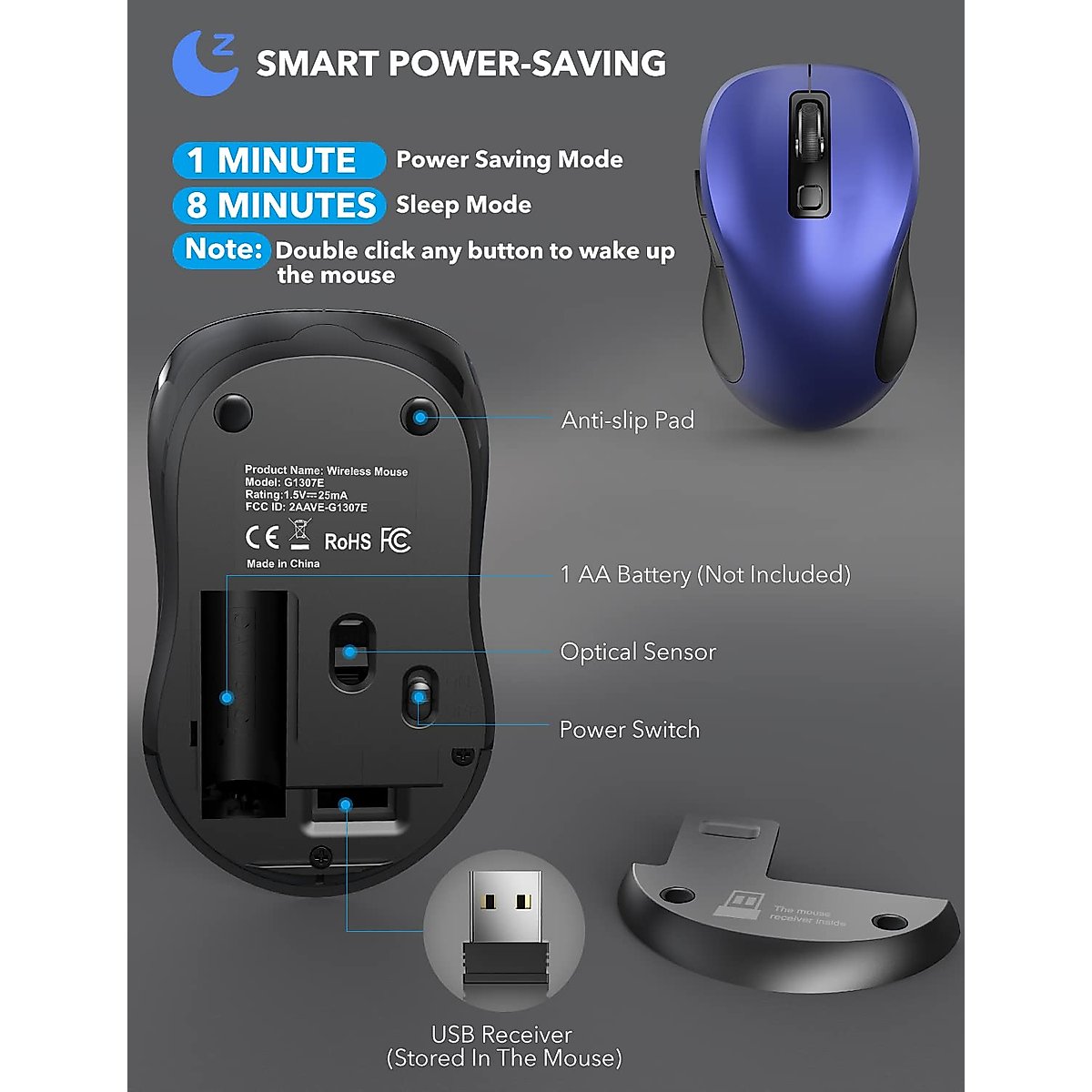Trueque Wireless Mouse for Laptop, 2.4GHz Ergonomic Computer Mouse with Back & Forward Buttons, 3-Level DPI, 6 Buttons, Optical USB Cordless Mice for Windows Chromebook MacBook PC (Blue)