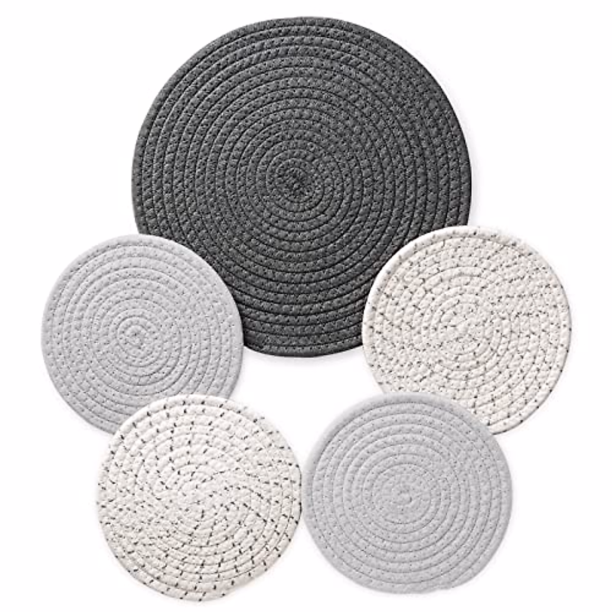 5-Pcs Trivet Pot Holder: Round Woven Potholders Set - 100% Cotton Braided Hot Pads - Coasters - Table Mats for Cooking and Baking One 11.8 Inch and Four 7 Inch
