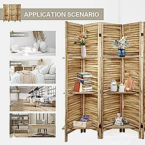 ECOMEX Room Divider 6 Panel, Wood Folding Room Divider Screen, Room Divider with Shelves and Easy Move Partition, Freestanding Room Screen Divider with Display Shelves (Natural Color)