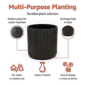 Amazon Basics Fluted Round Ceramic Planter, 8-Inch, Black