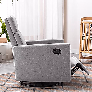P PURLOVE Modern Upholstered Rocker Chair with Adjustable Backrest and Retractable Footrest, 360° Glider Swivel Recliner Chair, Glider Chair Easy to Assemble and Clean, Gray