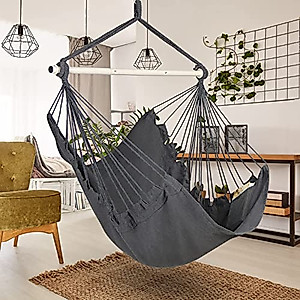 Y- STOP Hammock Chair Hanging Rope Swing, Max 500 Lbs, Hanging Chair with Pocket, Removable Steel Spreader Bar with Anti-Slip Rings, Quality Cotton Weave for Comfort, Durability, Dark Grey