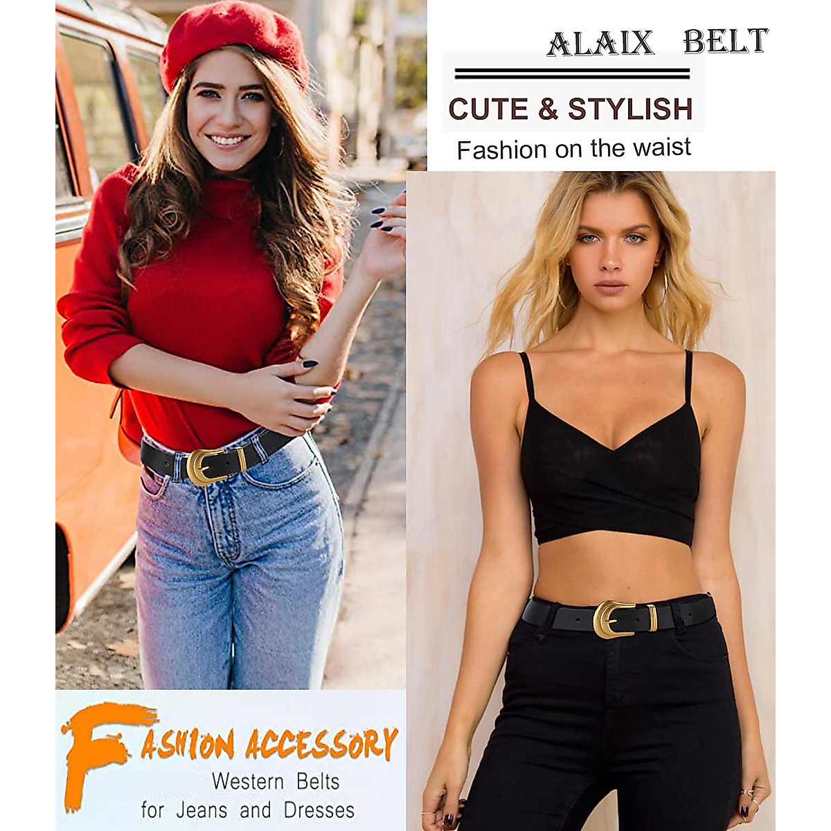 ALAIX Women's Belt Western Belts Silver Gold Buckle Black Leather Belt Pants Jeans Belts for Women