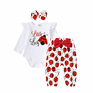 PATPAT Baby Girls Clothes Infant Baby Ruffle Sleeve Romper Pants Sets with Headband 3 Pack, Little Lady, 6-9 Months