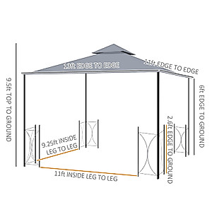 Outsunny 11' x 13' Patio Gazebo, Double Roof Outdoor Gazebo Canopy Shelter with Netting & Curtains, Steel Corner Columns for Garden, Lawn, Backyard and Deck, Gray