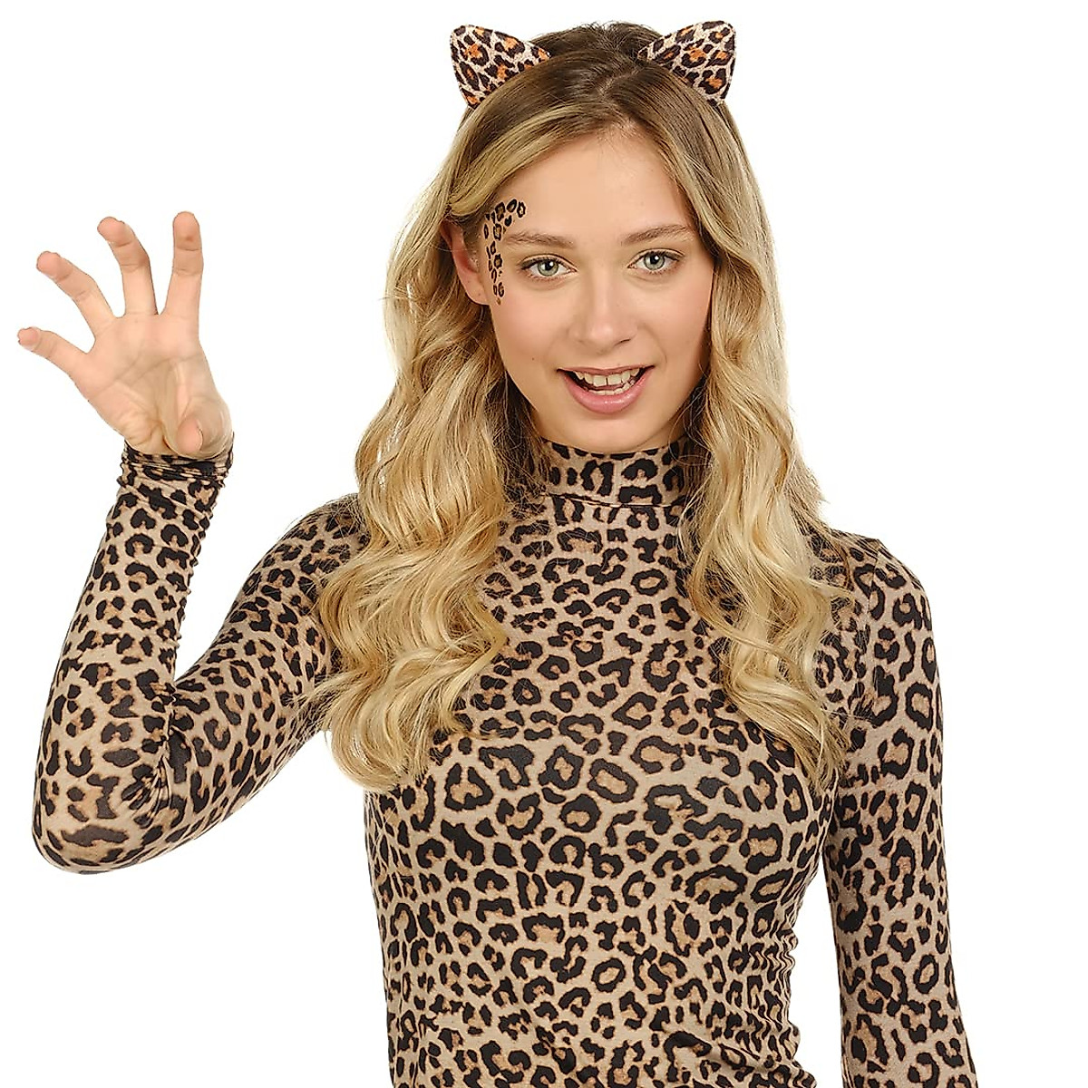Funcredible Leopard Ears Headband with Tattoos - Cheetah Ear Headbands and Temporary Tattoos - Halloween Headband for Adults and Kids