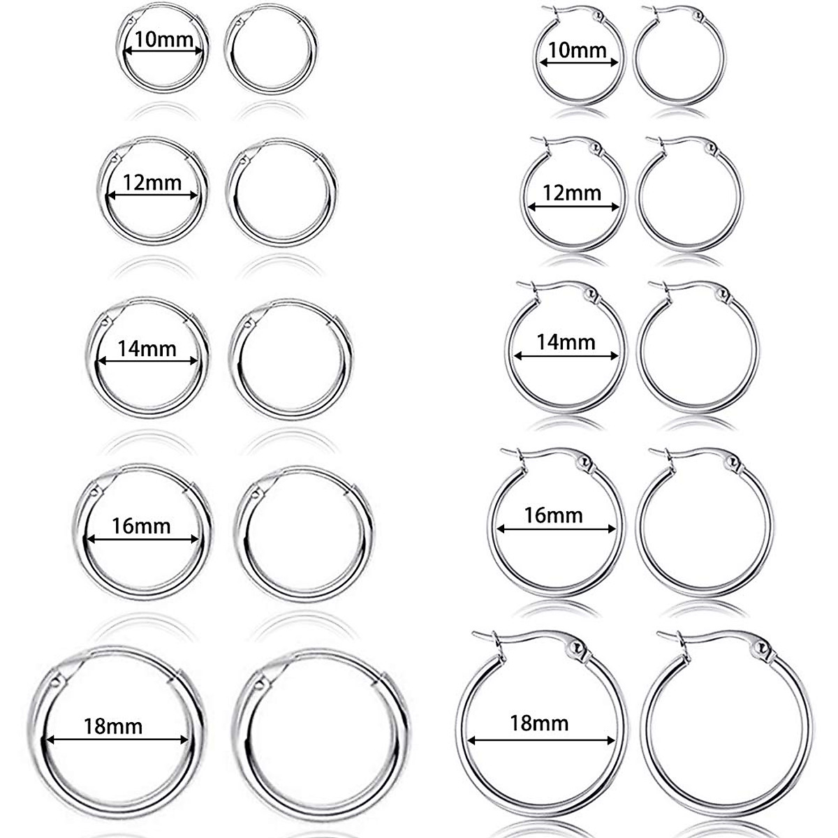 10 Pairs Silver Hoop Earrings for Women Small Stainless Steel Hypoallergenic Earrings Set Mens Unisex Nickel Free 10MM-18MM