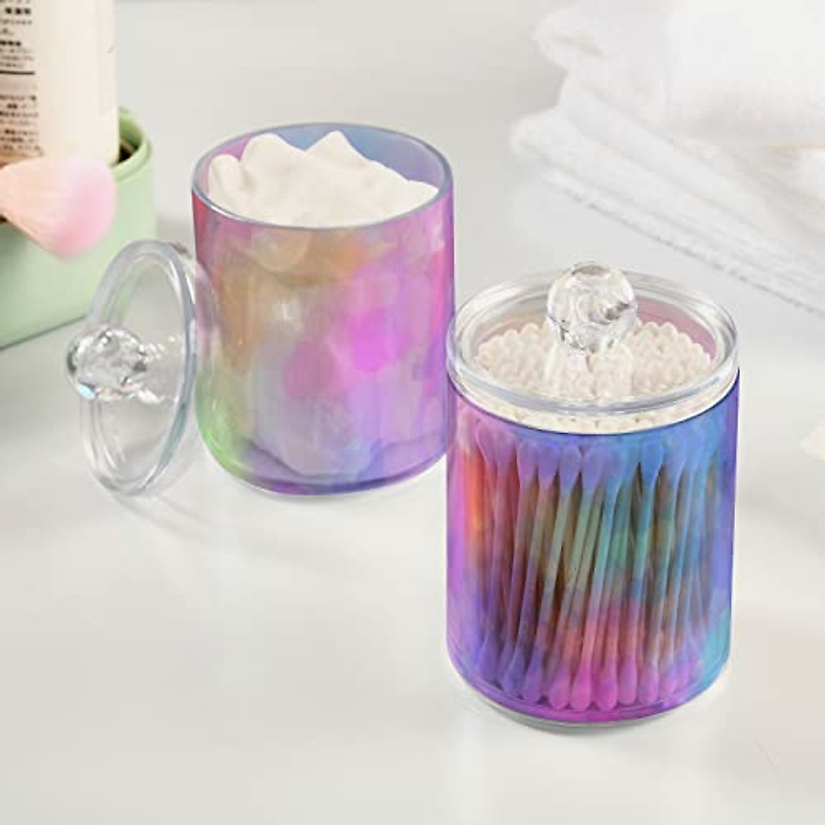 4 Pack Qtip Holder Dispenser Rainbow Tie Dye Iridescent Dharma Dye Cotton Ball Cotton Swab Cotton Round Pads Floss Clear Bathroom Storage Containers Plastic Apothecary Jars with Lids