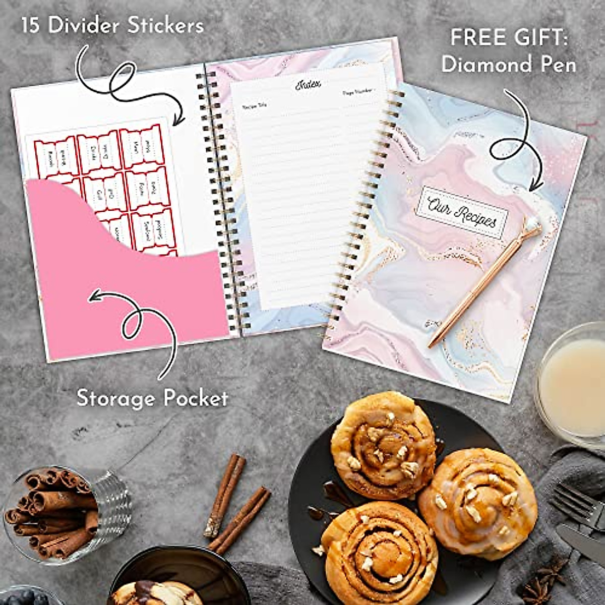 A5 Marble Recipe Book with Diamond Pen, Recipe Book to Write Your Own Recipes Sticker Dividers, Blank Recipe Book with Insides Pockets, Recipe Notebook, Recipe Books, Recipe Journal (Pink)
