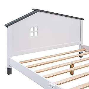 Merax Kids Beds with House Frame Headboard Full Size, Fun Wood Low Bed Frame for Boys,Girls, No Box Spring Need (Full, White+Gray)