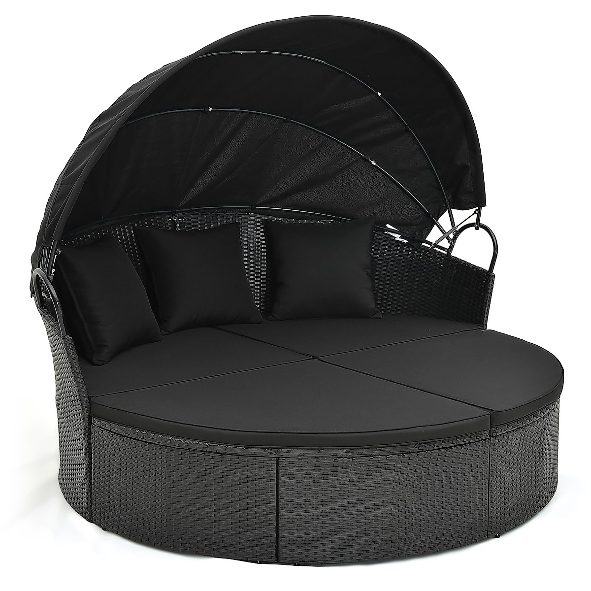 Tangkula Outdoor Patio Round Daybed with Retractable Canopy, Black Rattan Wicker Furniture Sectional Seating with Cushions and Throw Pillows, Seating Separates Cushioned Seats for Backyard (Black)