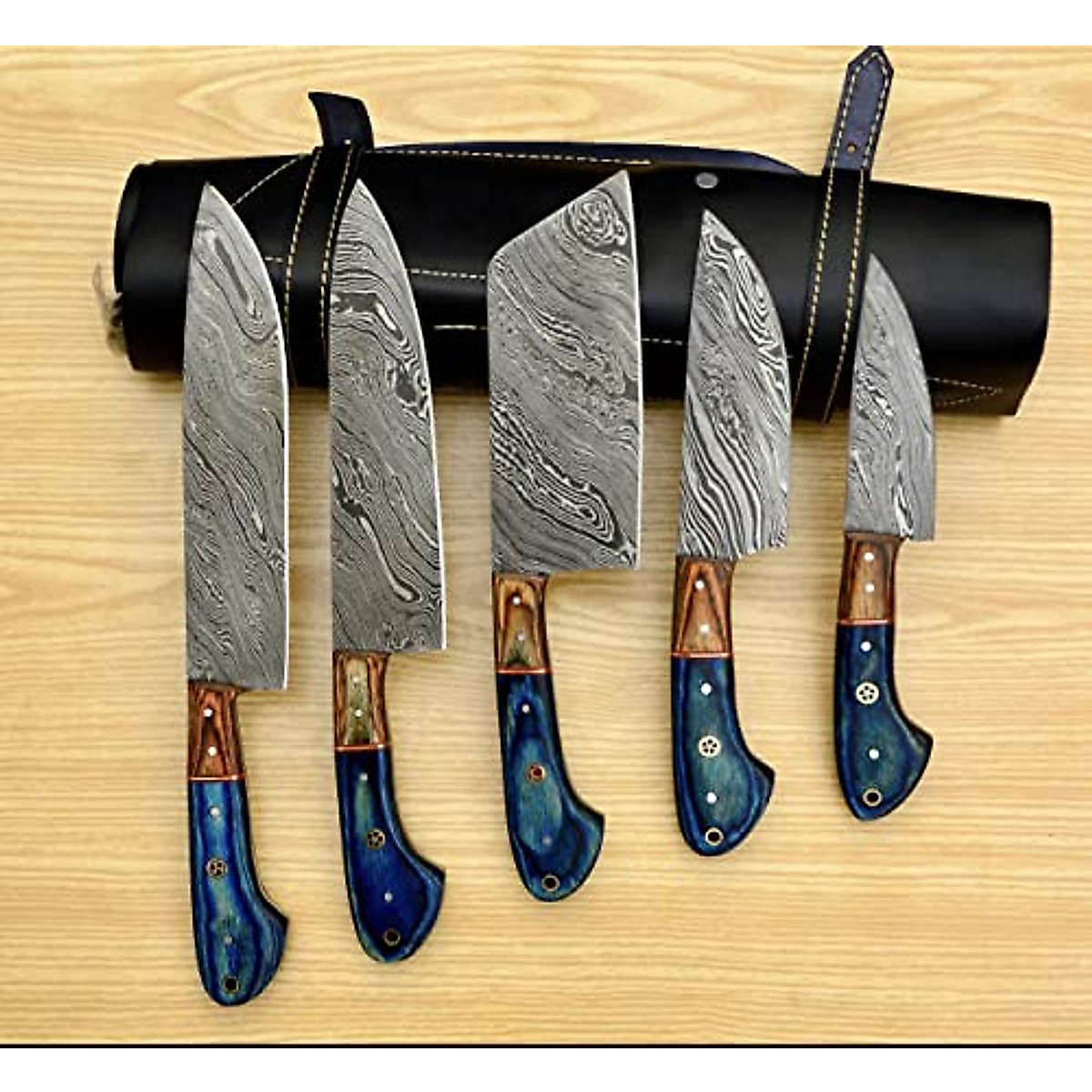 Handmade 5 Pieces Set, Knife Hand Forged Chef Knives Kitchen Set Damascus Steel Knives Gift Item for Her,Fine Tool Professional Chef Knives Set Vegetable Meat Cooking Knife with BLUE Solid Wood Handle