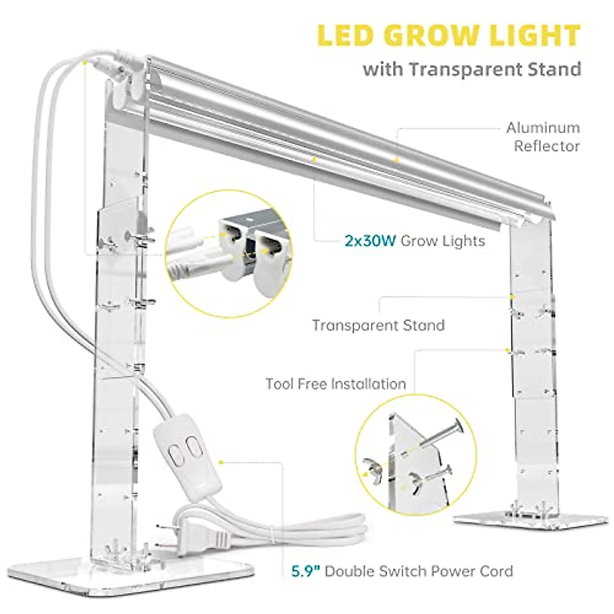 Grow Light with Plant Stand, 2FT T5 Grow Lights for Seed Starting, 30W Full Spectrum Plant Light for Indoor Plants, Height Adjustment, Indoor Garden with LED Grow Light by Bstrip