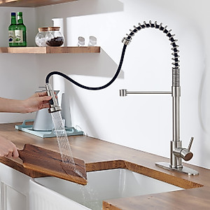 Modern Pull Down Single Handle Kitchen Faucets with Supply Lines and Deck Plate, Brushed Nickel