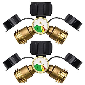 Propane Splitter, 2 Pack Propane Tank Y Splitter Adapter with Gauge and Shut-Off Valve, 2 Way Propane Gas Splitter Adapter for Propane Tank, which for Camping Stoves, BBQ Grills, RV Camper, etc.
