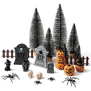 W1cwey Halloween Village Scene Ornaments Accessories, Set of Pumpkin, Tombstones, Skeletons, Spiders, Black Cat, Pine Trees, Resin Miniature Garden Scene Decor for Halloween Party