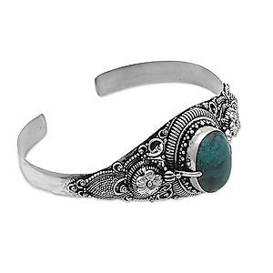 NOVICA Handmade Turquoise Cuff Bracelet Natural on 925 .925 Sterling Silver Tone Blue Indonesia Island Paradise Gemstone 'Balinese Magic'