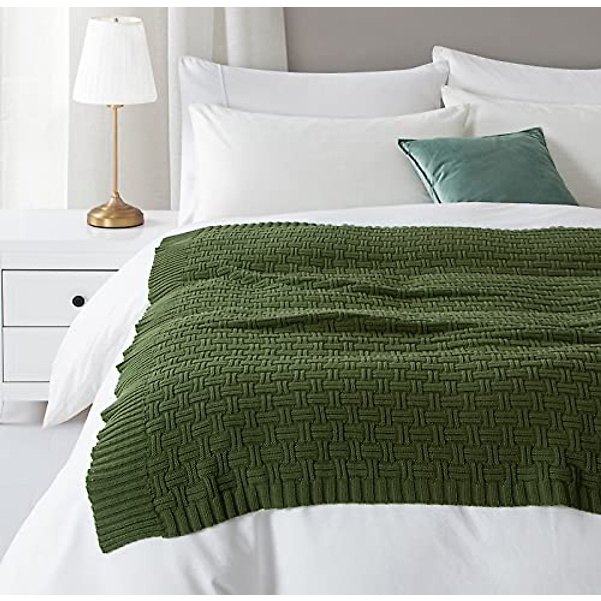 RUDONG M Forest Green Cotton Cable Knit Throw Blanket, Cozy Warm Knitted Couch Cover Blankets, 50 x 60 Inch