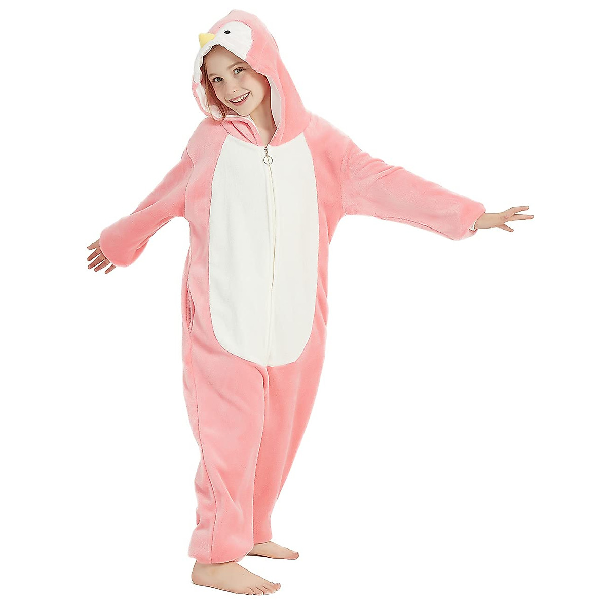 ABENCA Penguin Onesie Kids Animal Costume Girls Pajamas One Piece Plush Sleepwear Cosplay Halloween Christmas.Pink.120