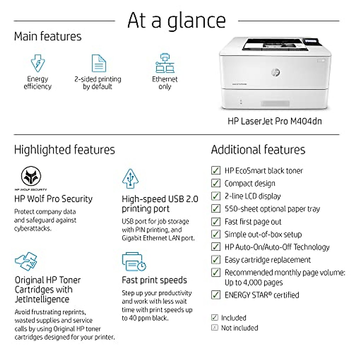 HP Laserjet Pro M404dn Wired Monochrome Laser Printer with Built-in Ethernet, White - Print only - 2-line LCD, 40 ppm, 1200 x 1200 dpi, Auto 2-Sided Printing, 8.5 x 14