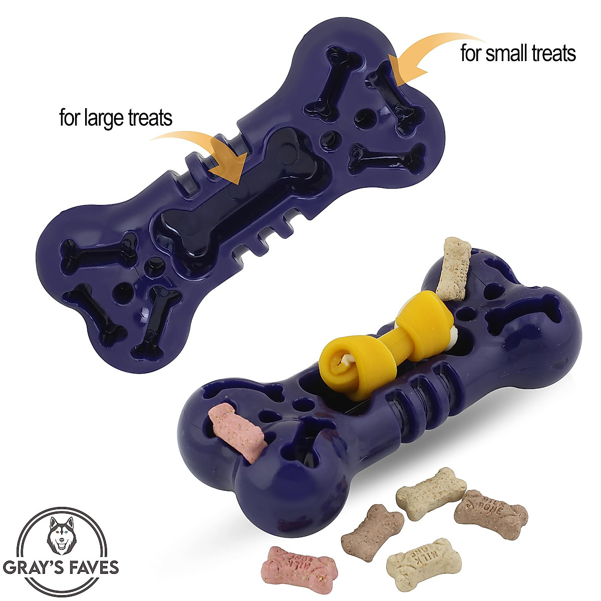 GRAY'S FAVES Goodie Dog Chew Bone Toy with Treat Dispensing Grooves, Heavy-Duty for Aggressive Chewing, Enriching and Interactive Play for Puppies, Safely Cleans Teeth (Blue)