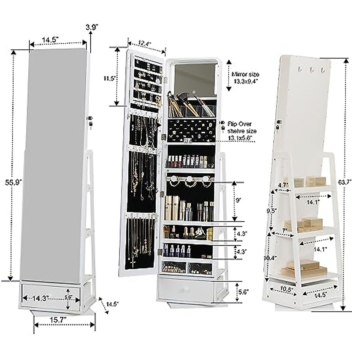 MASMIRE 360 Swivel Full Length Mirror With Storage & Built-In Light, 63.7'H Mirror Jewelry Cabinet Standing With 3 Drawers - Lockable Jewelry Armoire With 3 Storage Racks - White