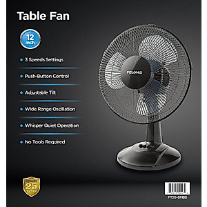 PELONIS Black 12" Oscillating 3-Speed Table Fan for Home and Office Whisper Quiet Operation (12", FT30-8MBBV) (Renewed)