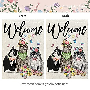 CROWNED BEAUTY Spring Cats Garden Flag Floral 12x18 Inch Double Sided for Outside Welcome Burlap Small Yard Holiday Decoration CF755-12