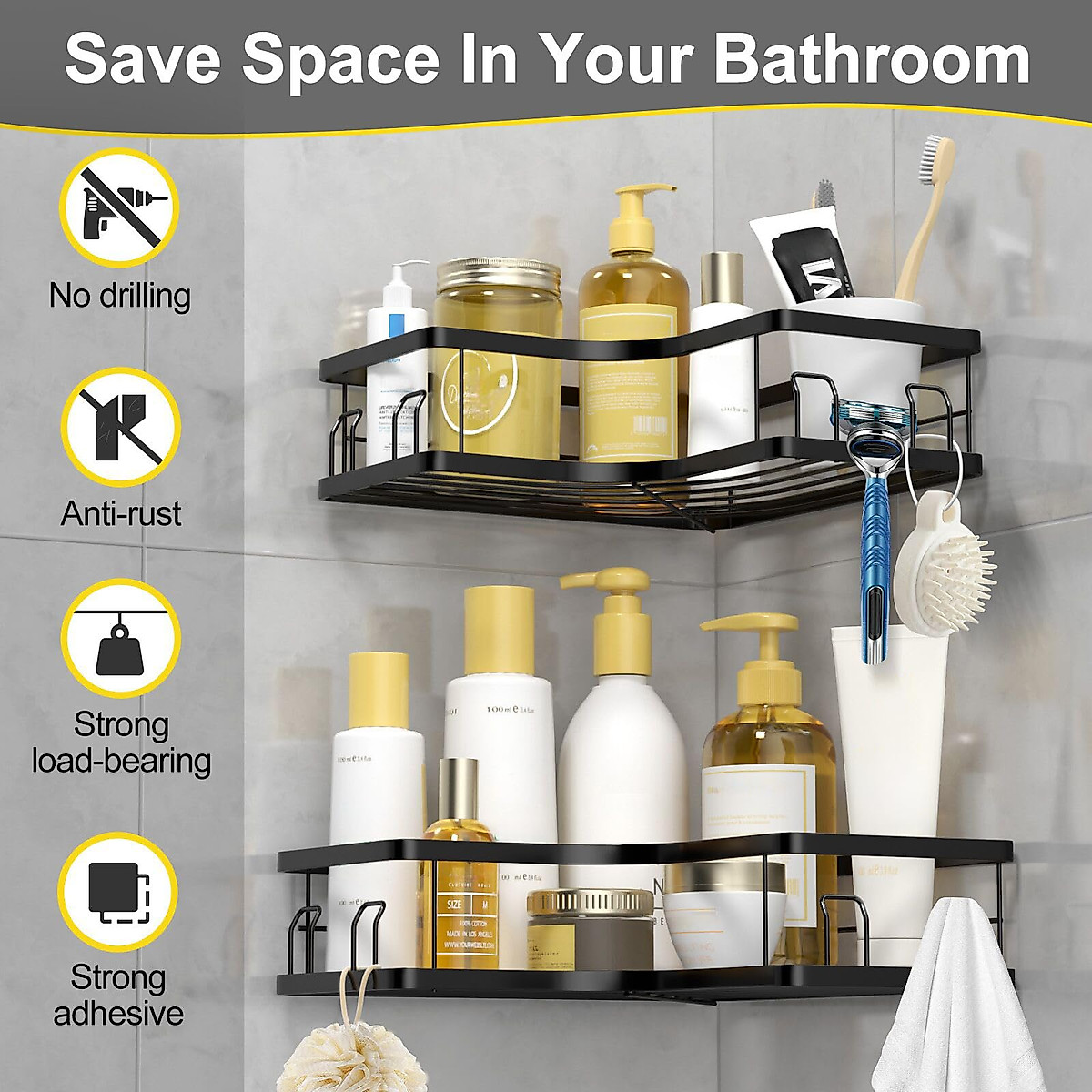 Manalete Corner Shower Caddy, 2 Pack Adhesive Bathroom Shower Organizer, No Drilling Black Shower Shelf for Inside Shower, Corner Shower Storage Rack Shampoo Holder Organizer