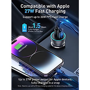 Baseus USB C Car Charger, 60W PPS QC3.0&PD3.0 PD27W Type C Car Charger, Dual Port Independent Fast Charging Phone Car Charger for iPhone 14/13/12/11Pro Max XS X, Samsung S22/S21 Ultra, iPad Pro/Air